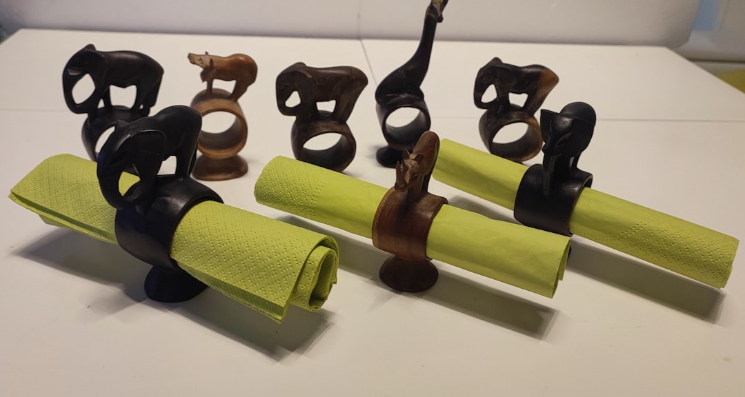 Vintage Ebony Animal Napkin Rings: Hand-carved African Wood, Set of 8 ...