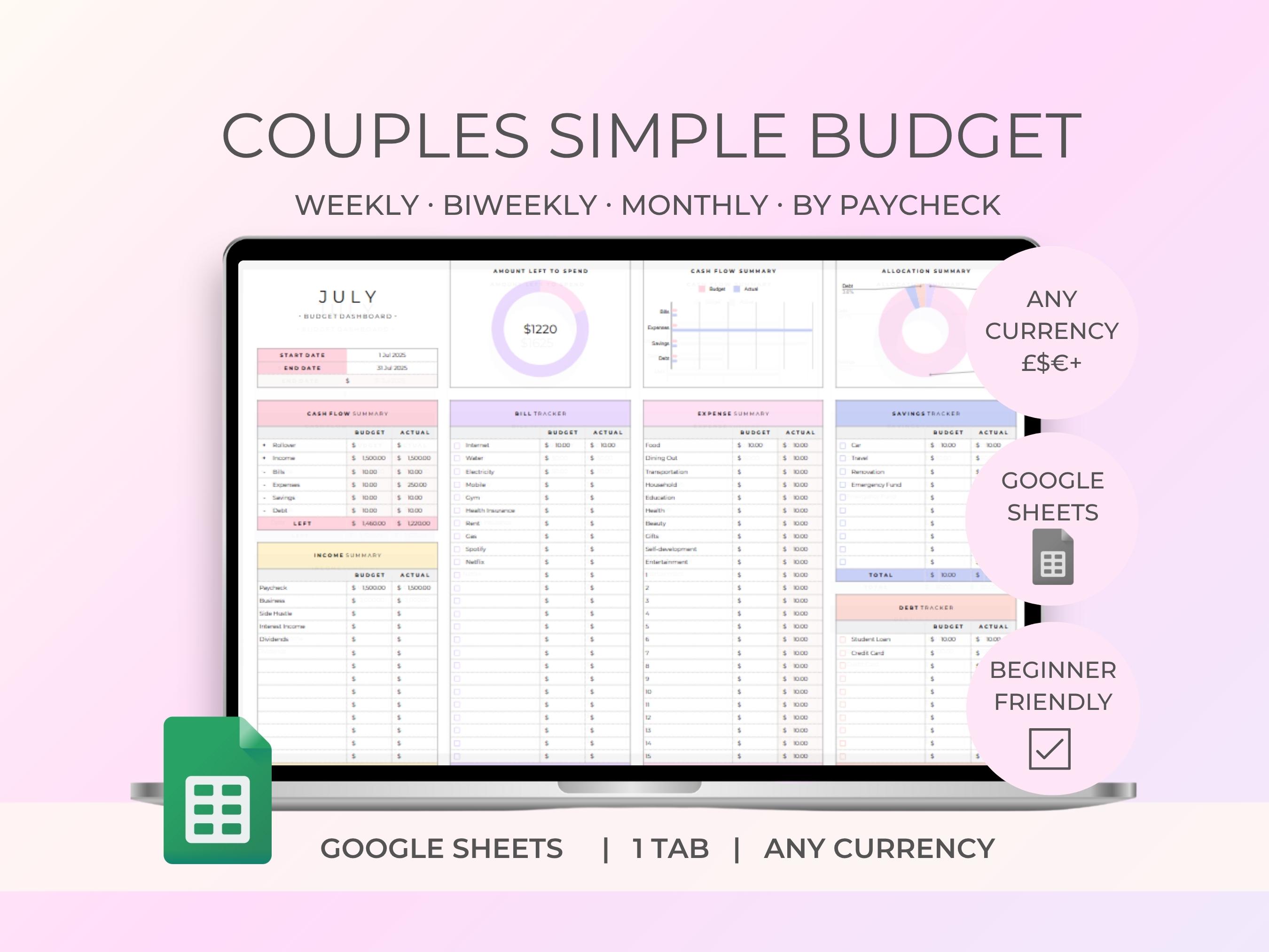 Couples Budget Spreadsheet, Google Sheets Template, Weekly Monthly ...