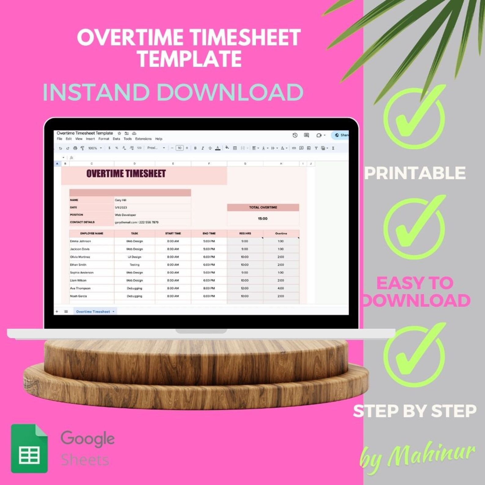 Overtime Timesheet Template, Google Sheets Employee Time Log Work Hours ...