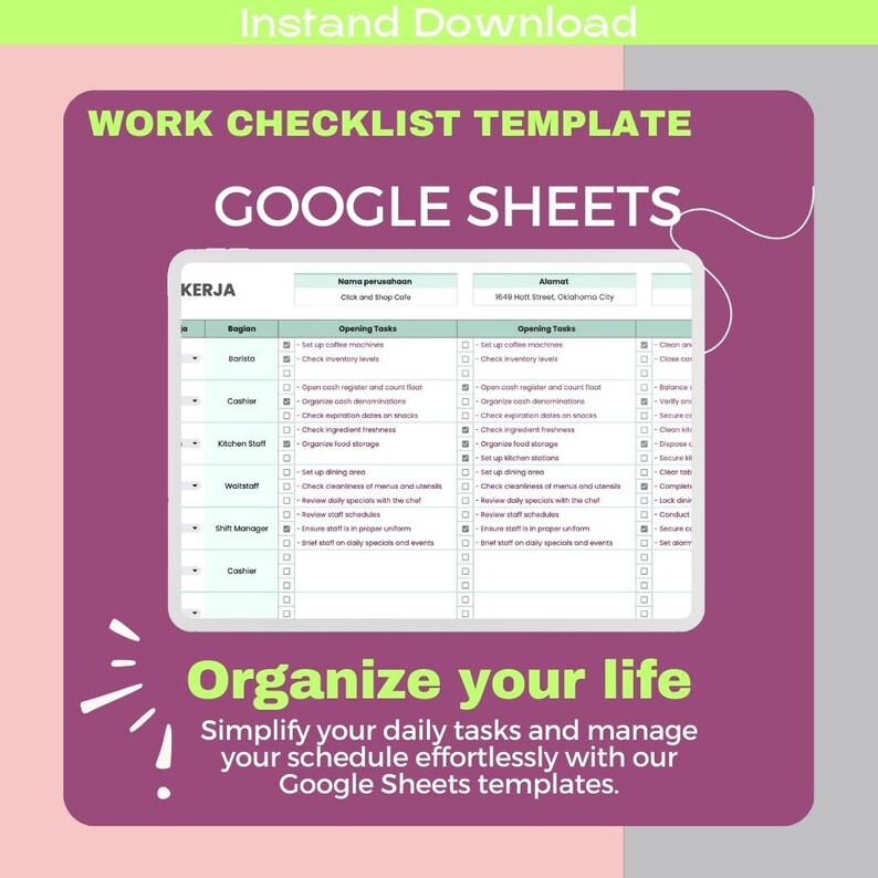 Work Checklist Template, Google Sheets Organizer, Task Management Sheet ...