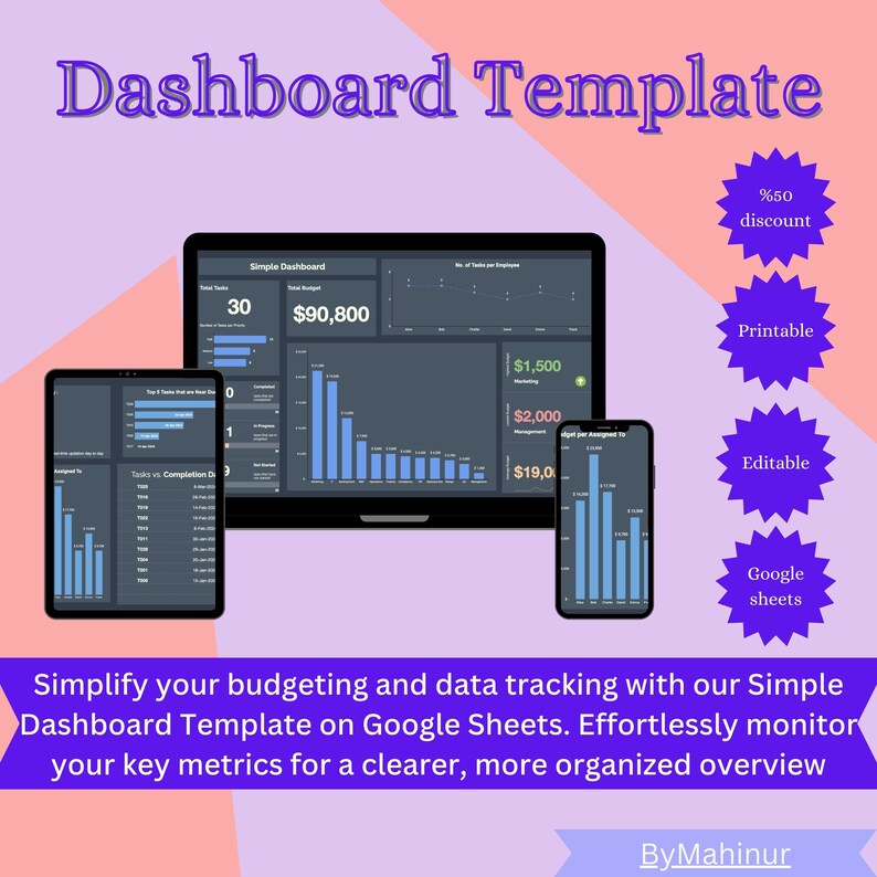 Simple Dashboard Template, Google Sheets Format, Customizable Spreadsheet, Business Analytics ...