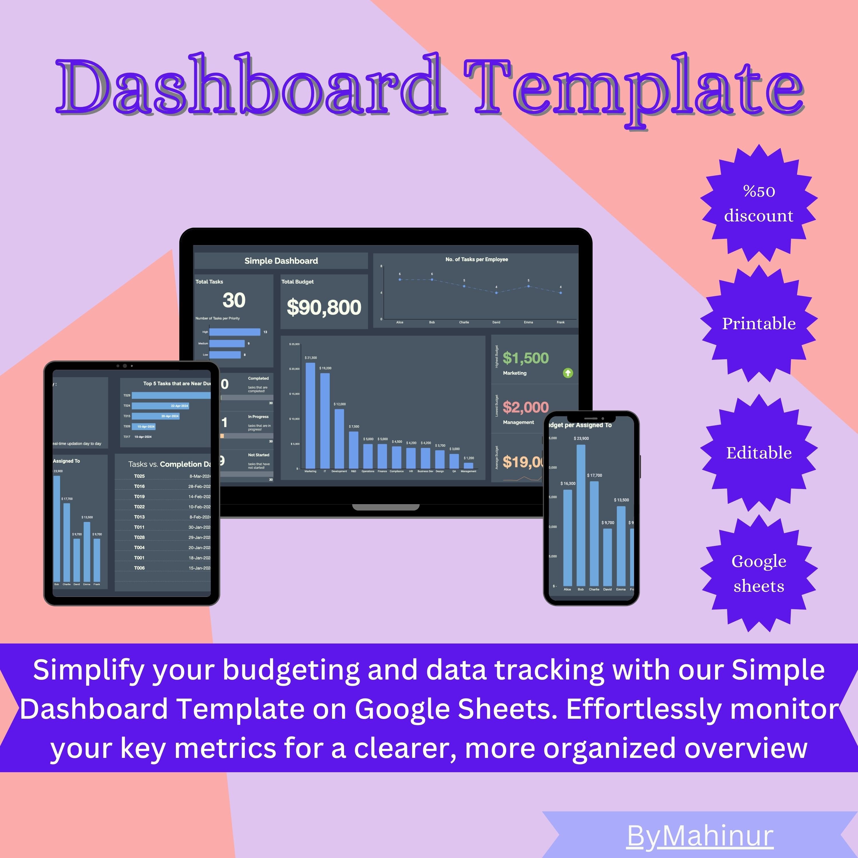 Simple Dashboard Template, Google Sheets Format, Customizable ...