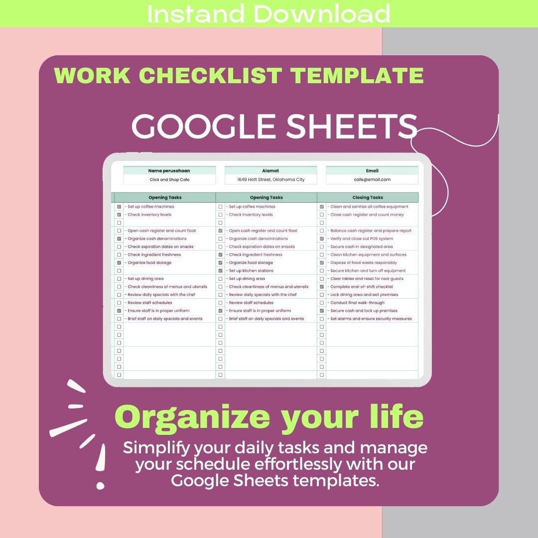 Work Checklist Template, Google Sheets Organizer, Task Management Sheet ...