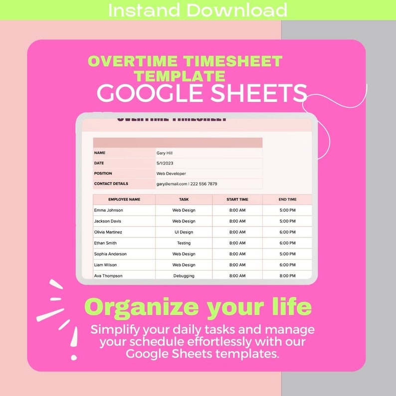 Overtime Timesheet Template, Google Sheets Employee Time Log Work Hours ...