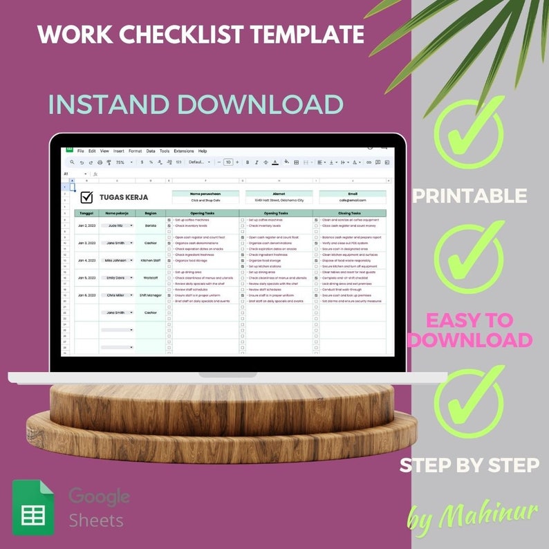 Work Checklist Template, Google Sheets Organizer, Task Management Sheet ...