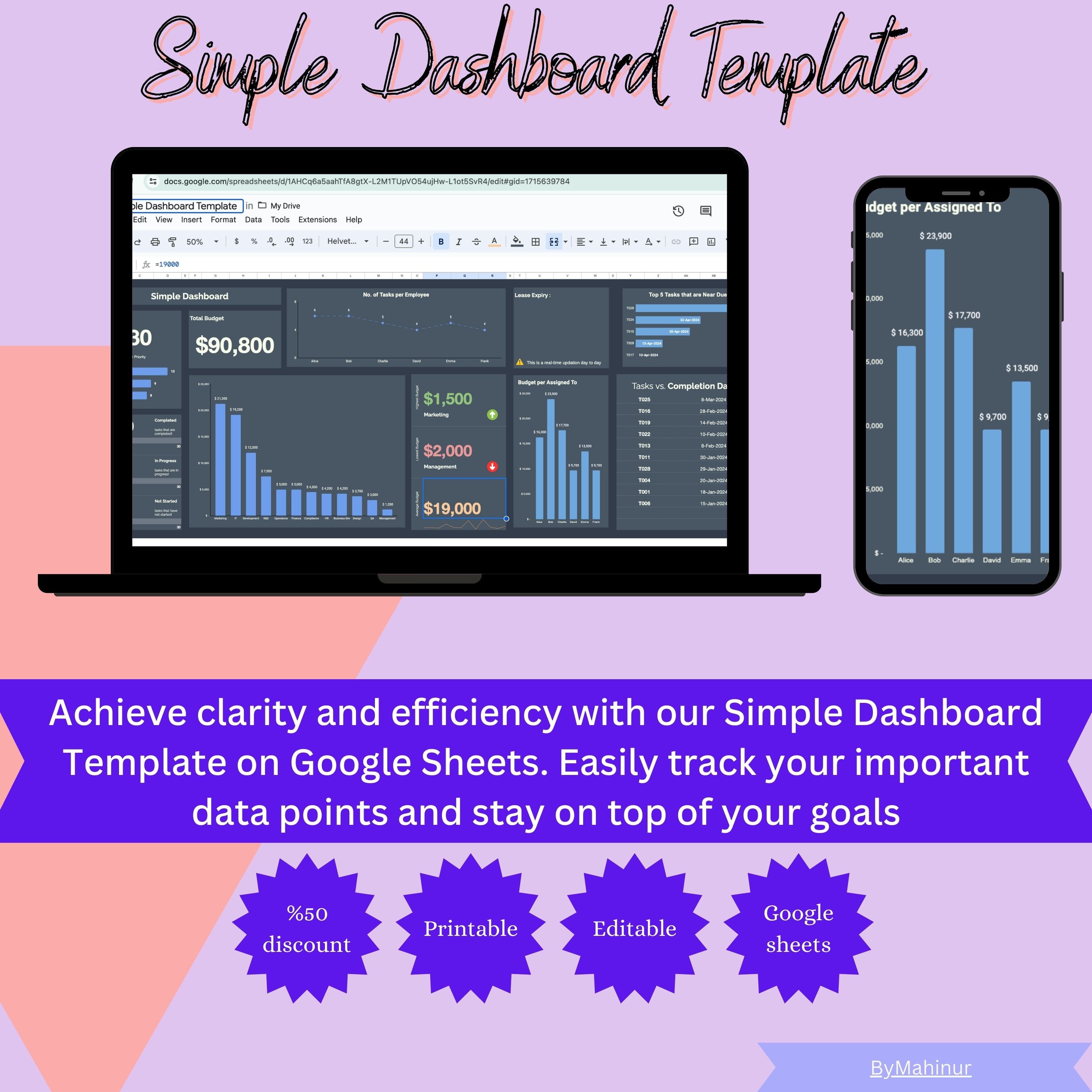 Simple Dashboard Template, Google Sheets Format, Customizable ...