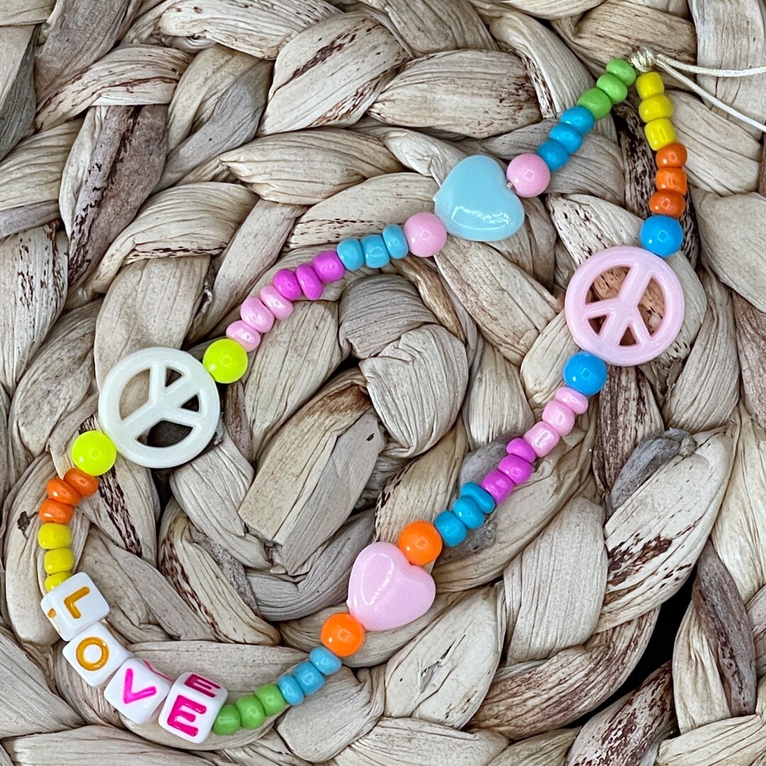 Peace Love Heart Beaded Phone Strap/wristlets - Etsy