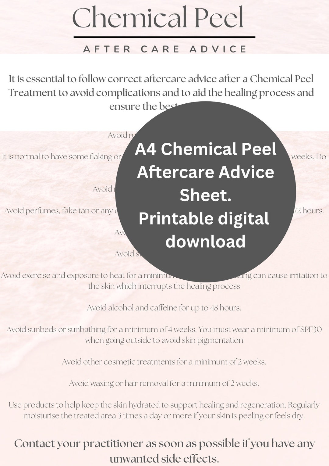 A4 Chemical Peel Aftercare Advice Printable for Aestheticians and ...
