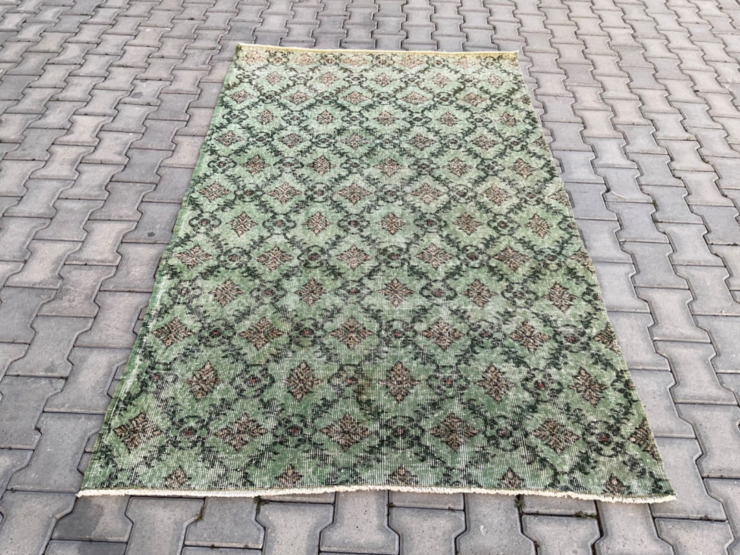 4x7 Green Area Rug, Handmade Rug, Oriental Rug, Kitchen Rug, Bedroom ...