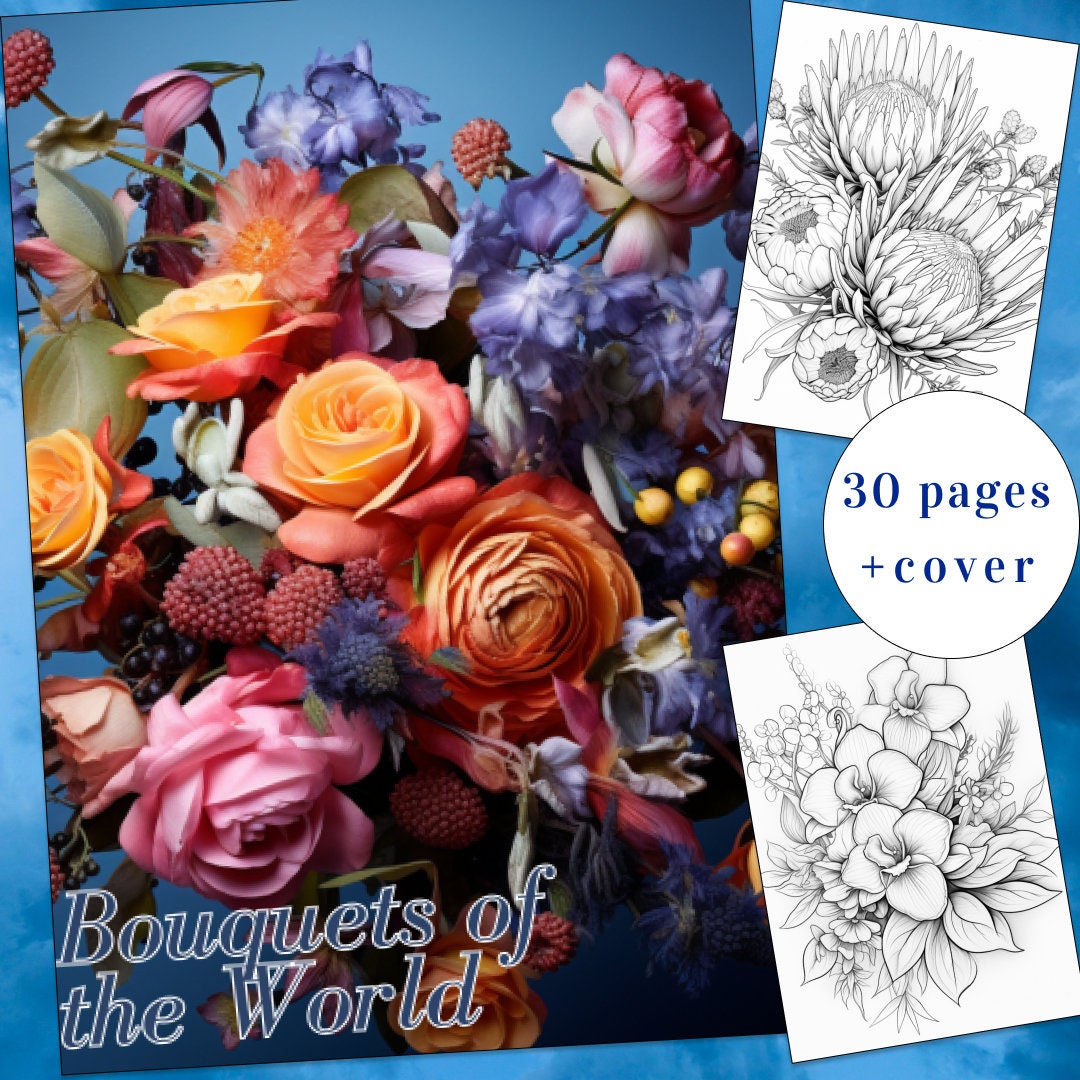 30 Bouquets of the World Coloring Page, Flower Coloring Book, Bloom ...