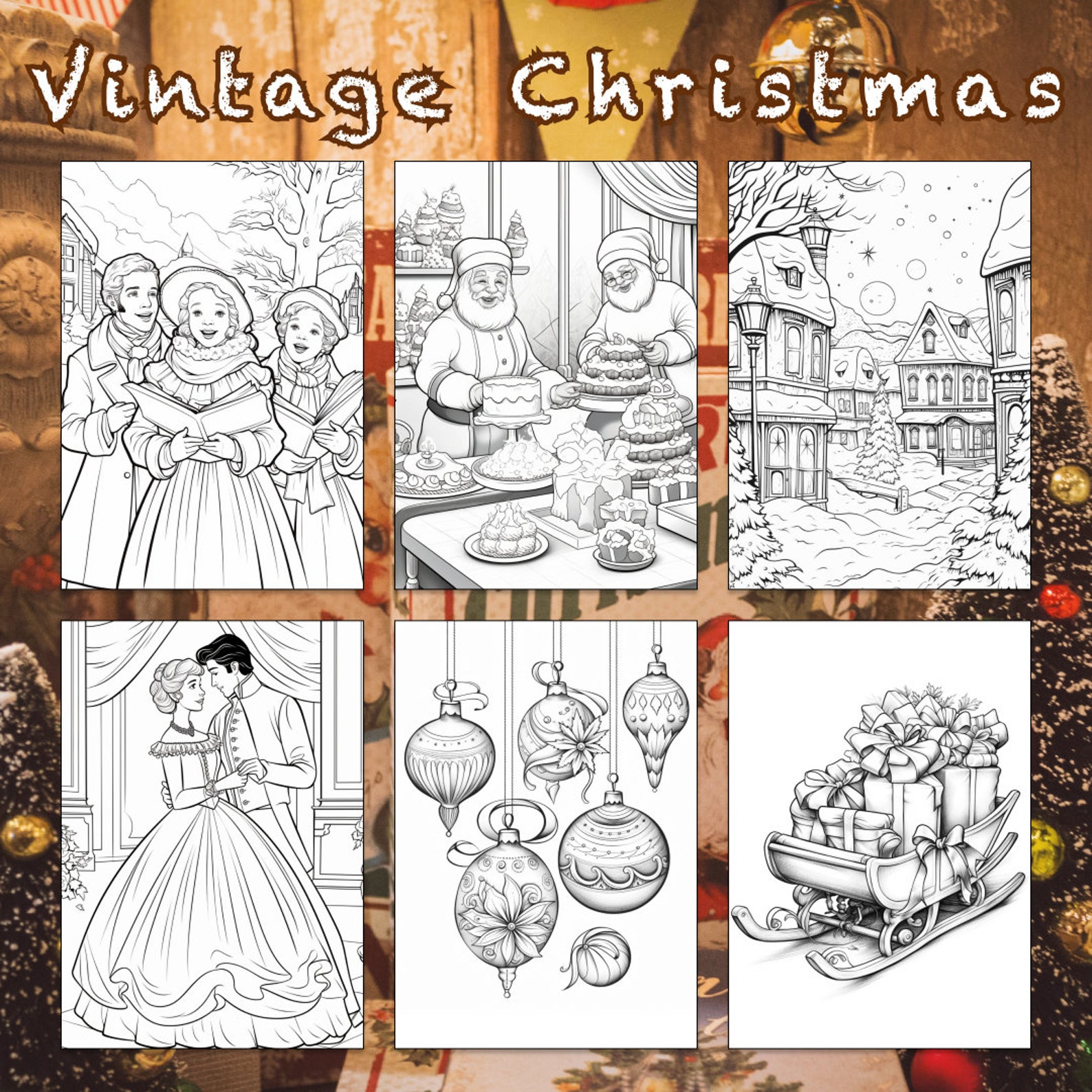 24 Vintage Christmas Coloring Page, Winter Coloring, Retro Christmas ...