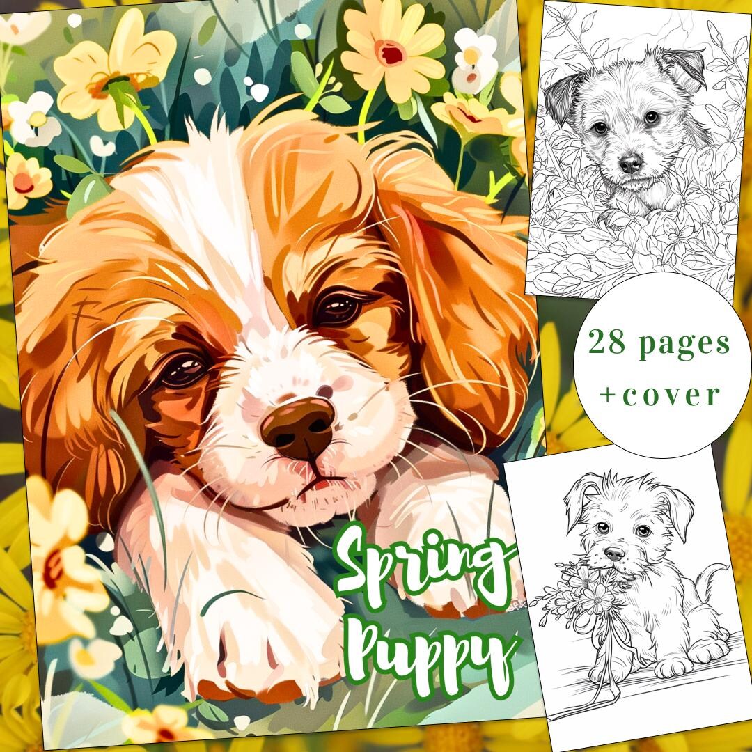28 Spring Puppy Coloring Page, Cute Puppy Coloring Book, Adults + Kids ...