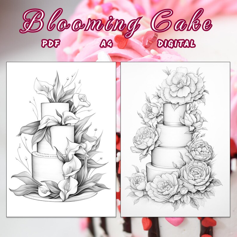 25 Blooming Cake Coloring Page, Food Coloring, Dessert Coloring Book ...