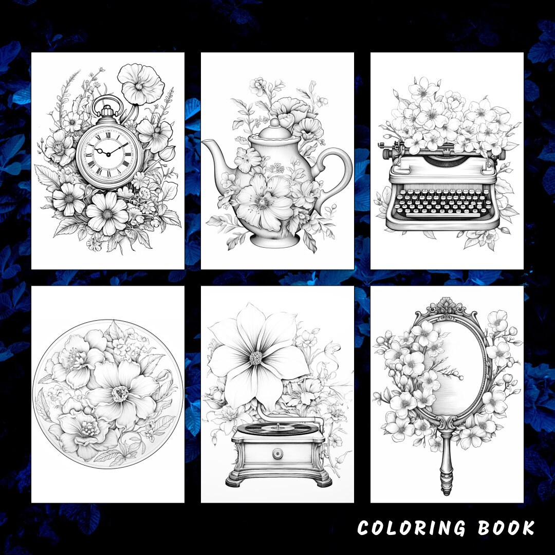 25 Blooming Antique Coloring Page, Floral Retro Coloring Book, Flowers ...