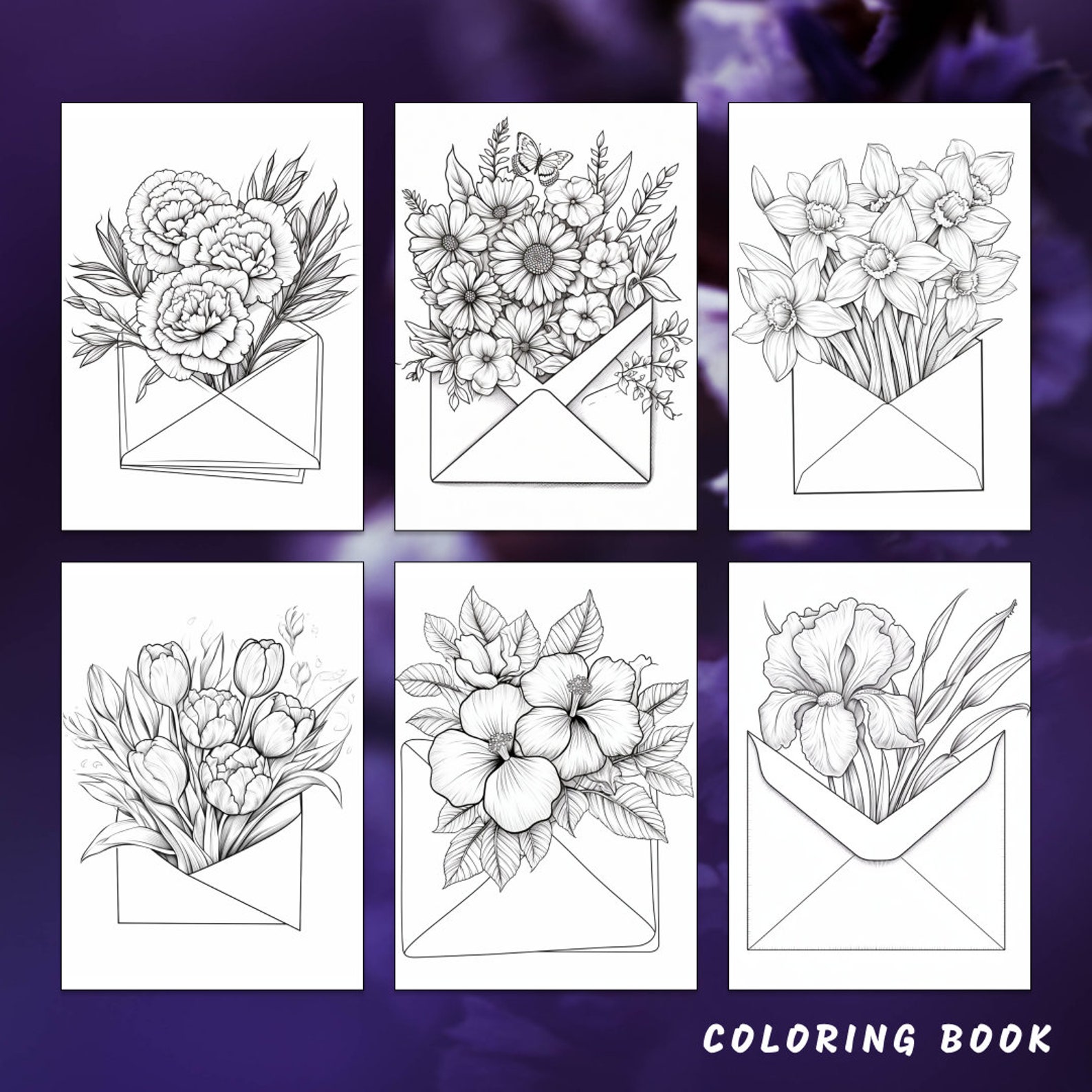 24 Blooming Envelope Coloring Page, Floral Envelope Coloring Book ...