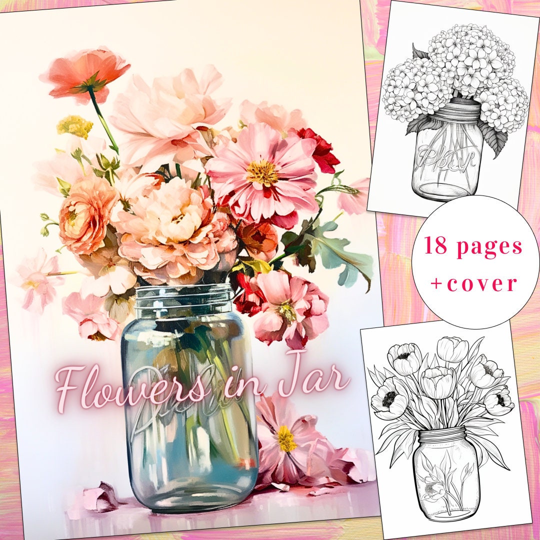 18 Flowers in Jar Coloring Page, Flower Coloring Page, Flowers Coloring ...