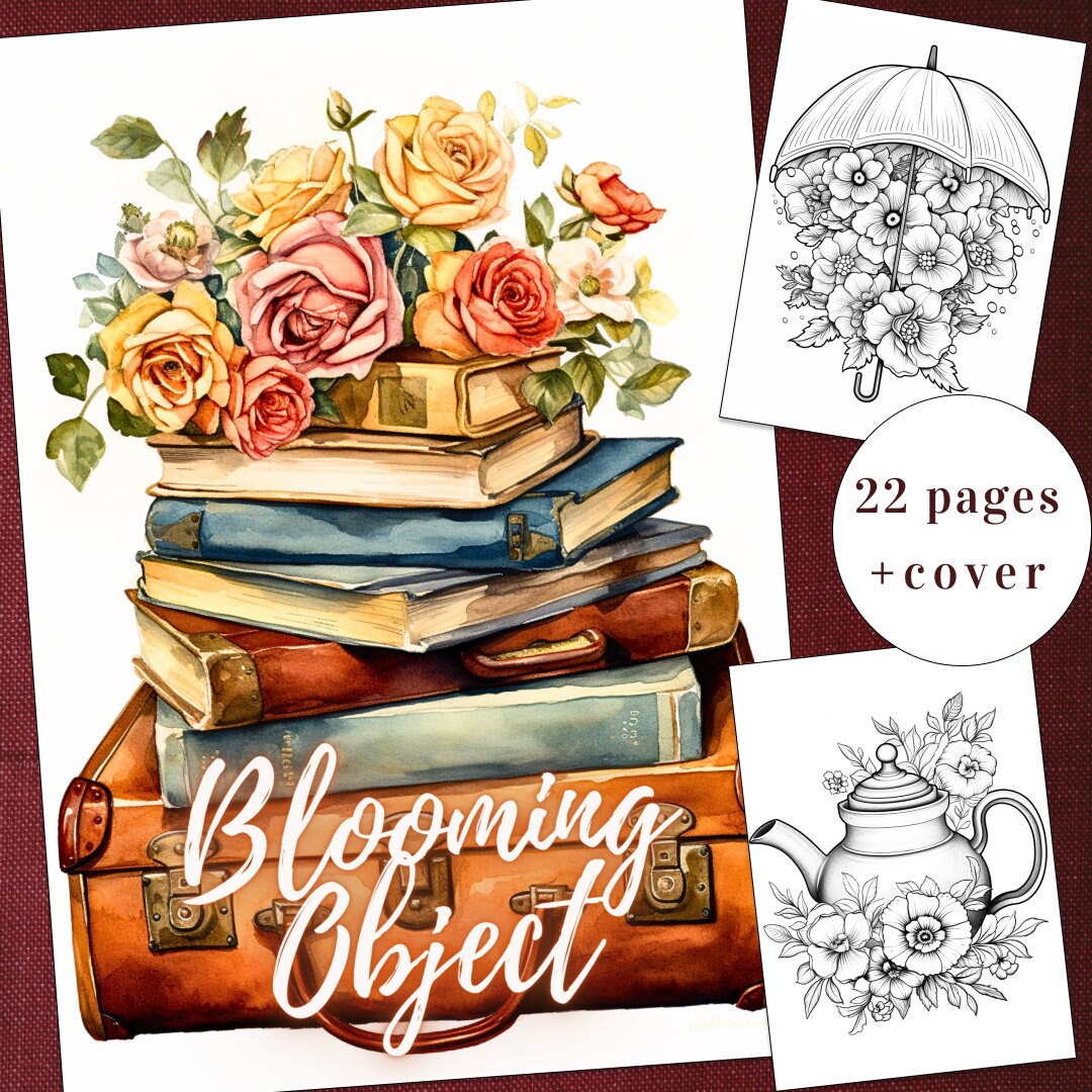22 Blooming Object Coloring Page, Floral Object Coloring Book,fantasy ...