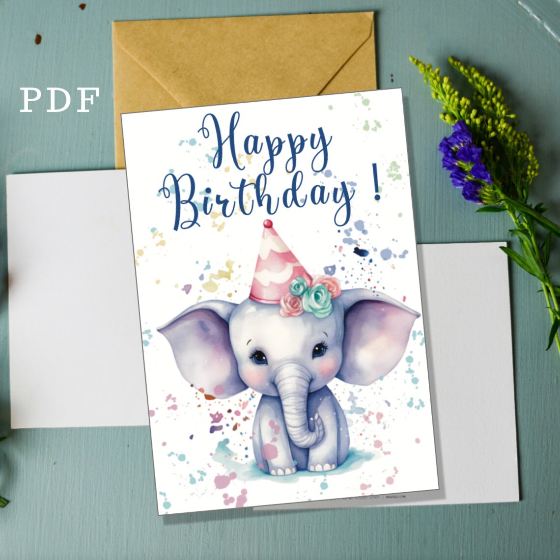 Elephant Birthday Card, Happy Birthday Card, Digital Birthday Card ...