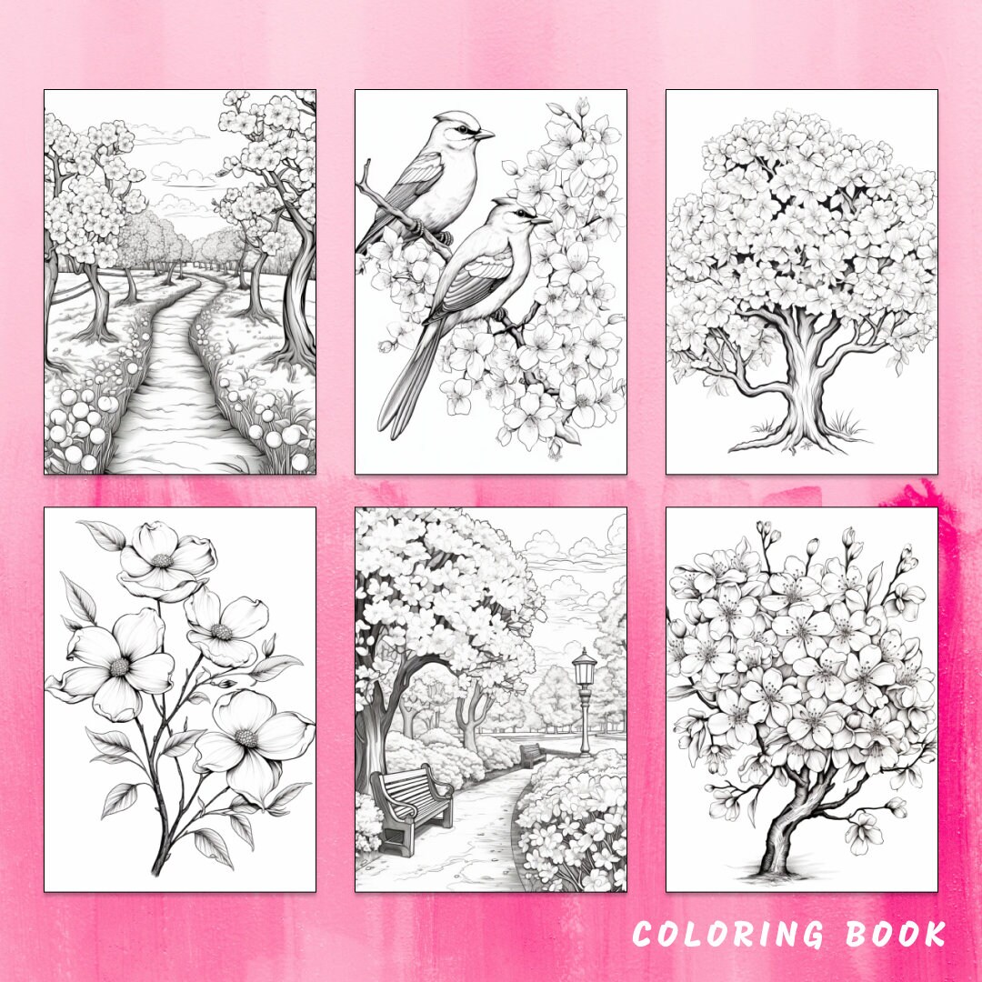 24 Blooming Tree Coloring Page, Flower Coloring, Bloom Coloring Book ...
