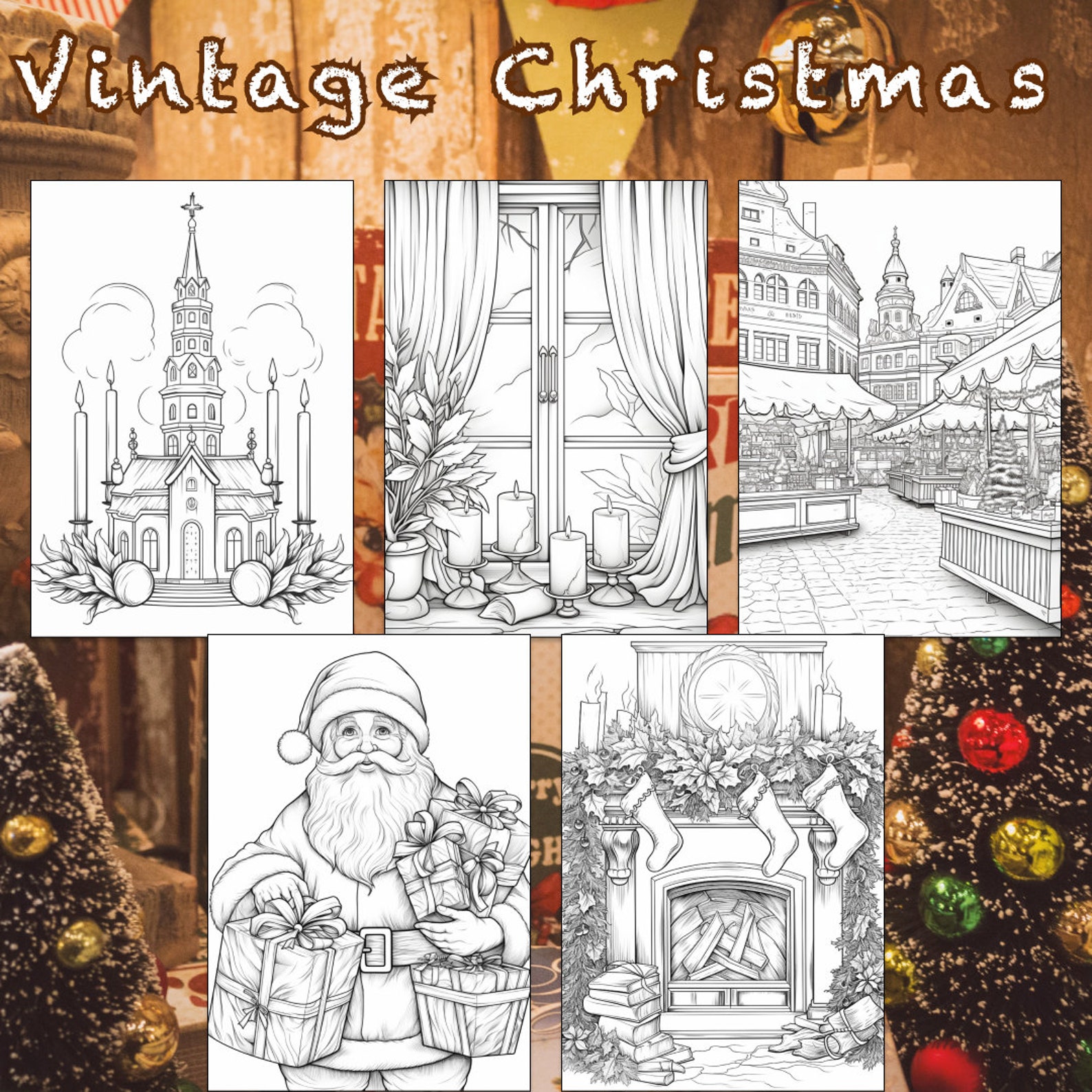 24 Vintage Christmas Coloring Page, Winter Coloring, Retro Christmas ...