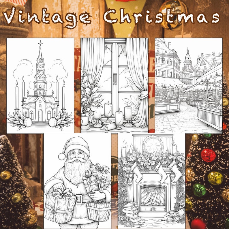 24 Vintage Christmas Coloring Pages: Retro Winter Scenes (printable PDF ...