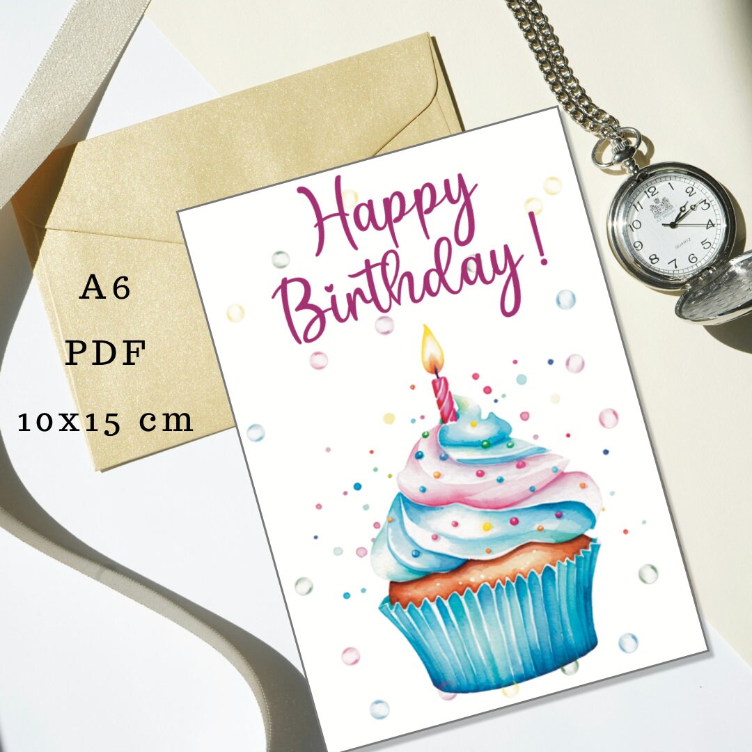 Cupcake Birthday Card, Happy Birthday Card, Digital Birthday Card ...