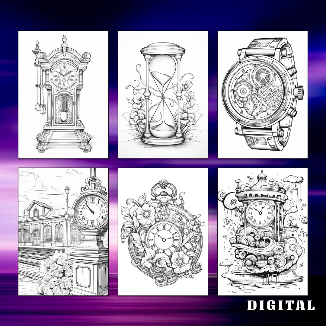 25 Clock Beauty Coloring Page Clock Coloring Flowers - Etsy