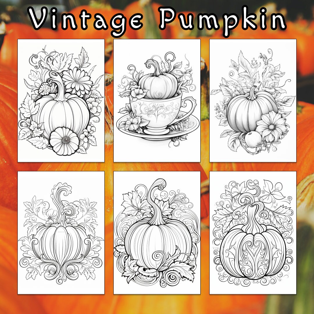 30 Autumn Vintage Pumpkins Coloring Page, Autumn Coloring Book, Vintage ...