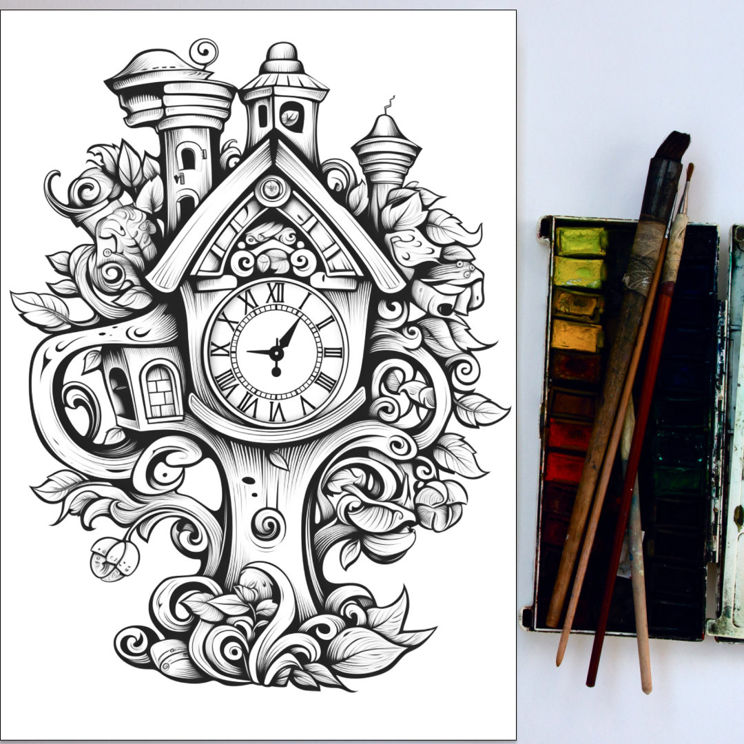 25 Clock Beauty Coloring Page Clock Coloring Flowers - Etsy