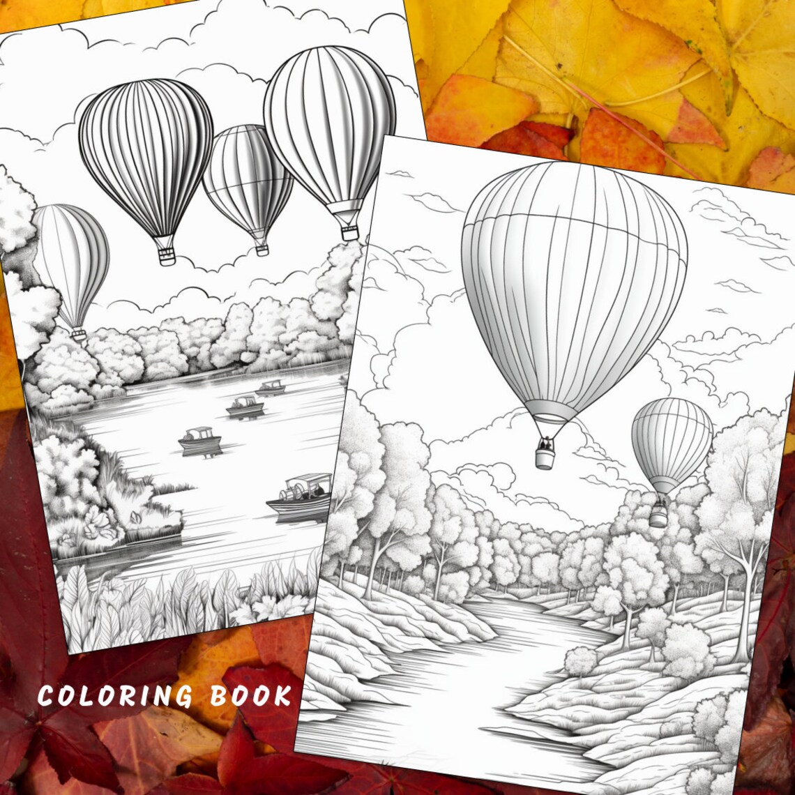30 Autumn Air Balloons Coloring Page, Autumn Coloring, Coloring Book ...