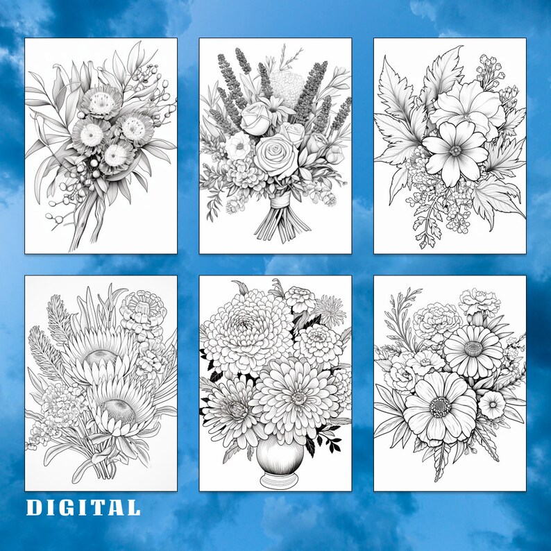 30 Bouquets of the World Coloring Page, Flower Coloring Book, Bloom ...
