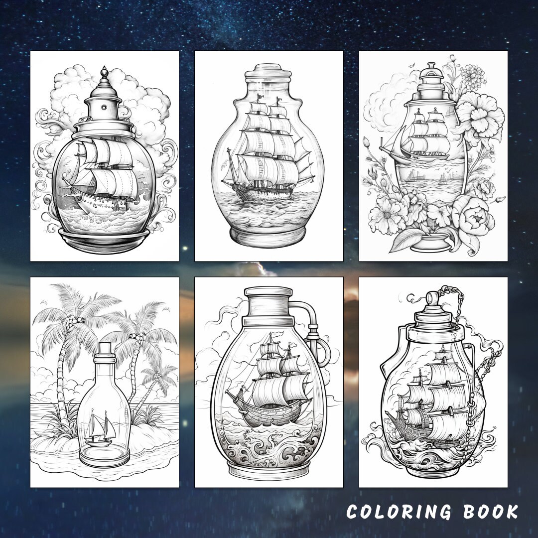 23 Ship in a Bottle Coloring Page, Ocean Coloring Book, Waves Coloring ...