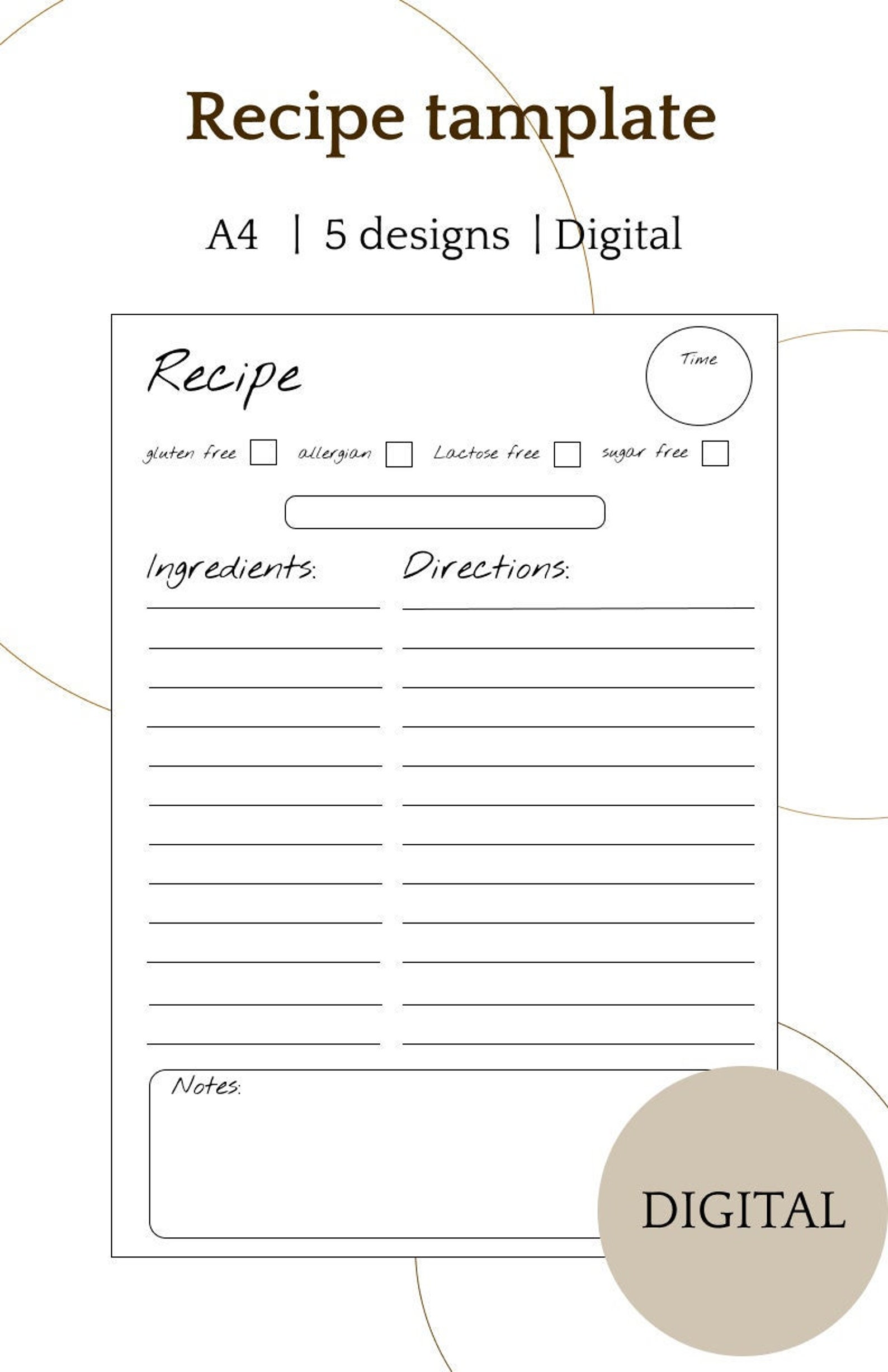 Digital Recipe Template, Printable Recipe Page, Recipe Card, Recipe ...