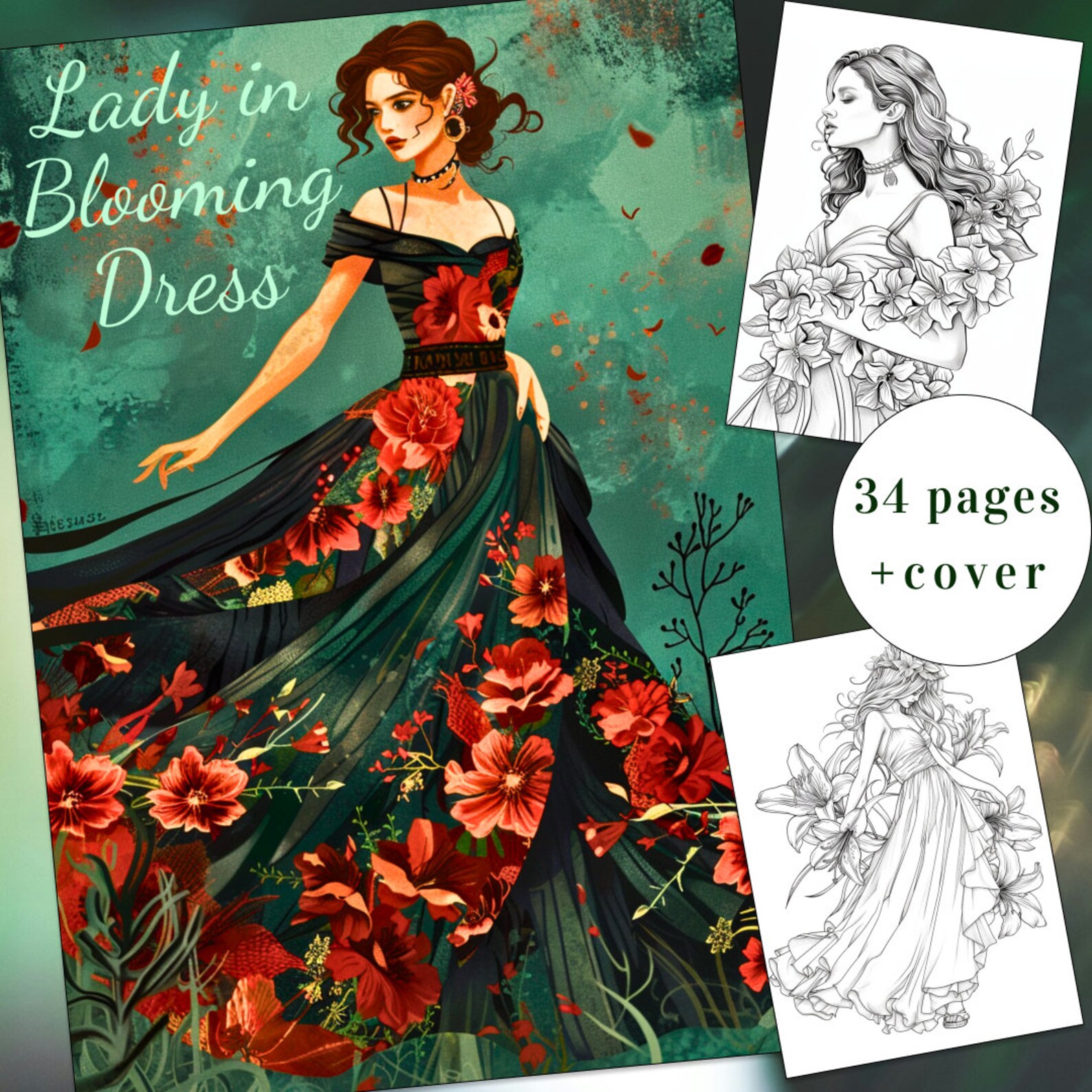 34 Lady in Blooming Dress Coloring Page, Lady Coloring Book, Flowers ...