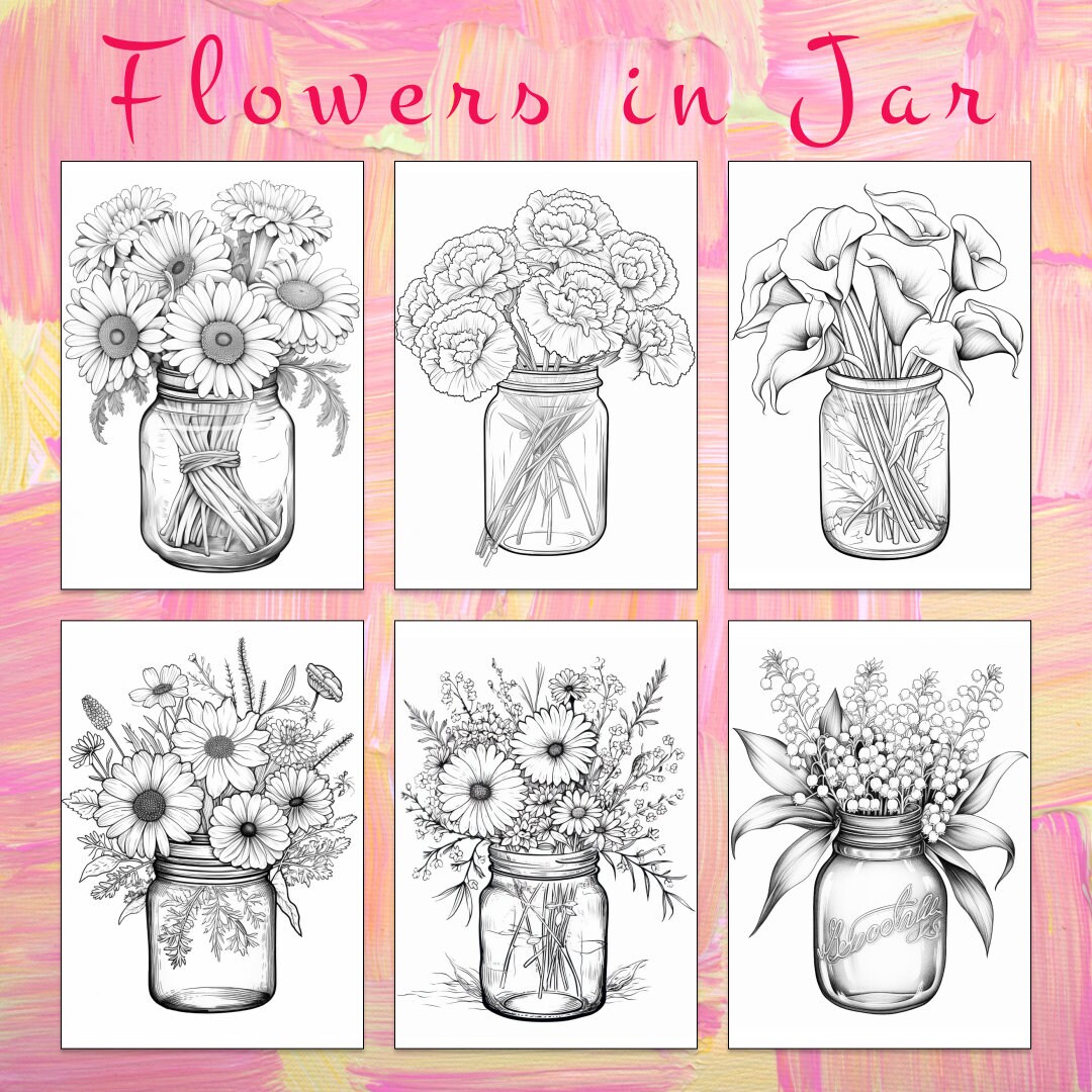 18 Flowers in Jar Coloring Page, Flower Coloring Page, Flowers Coloring ...