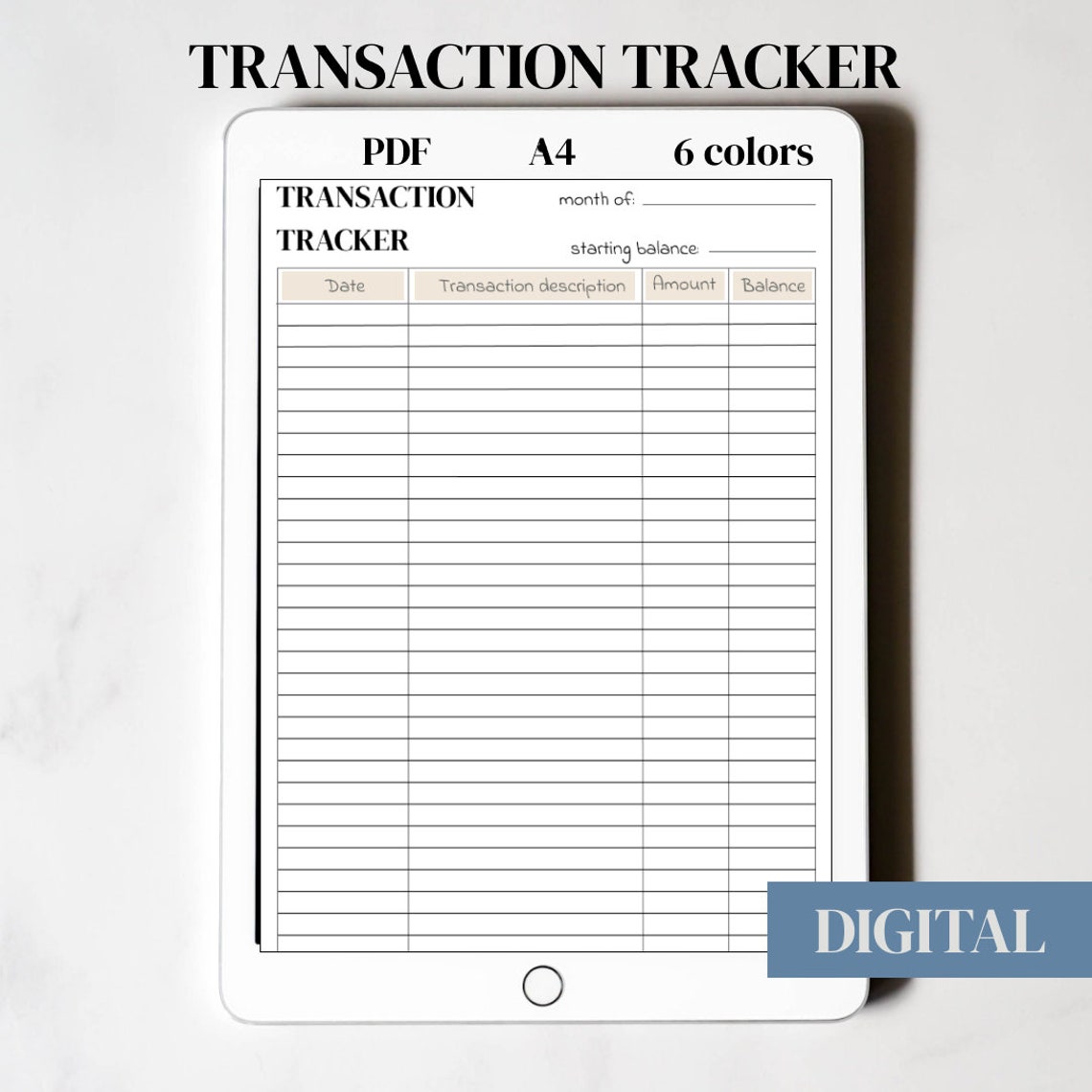 Digital Transaction Tracker, Template Planner, A4, PDF, Expense Tracker ...