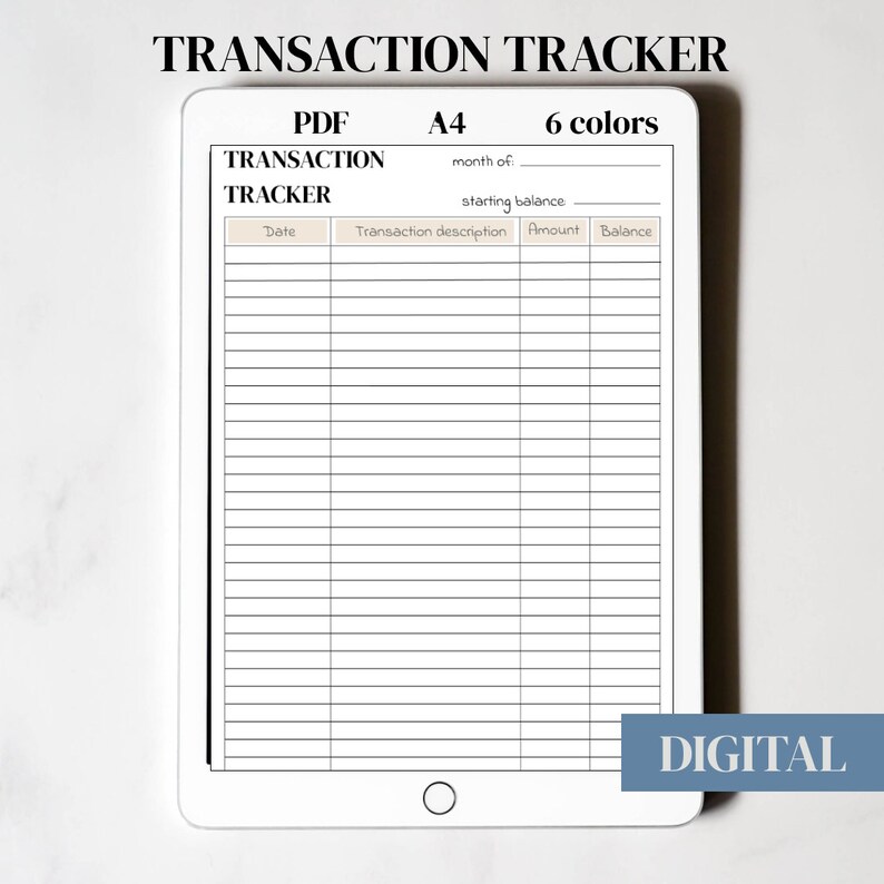 Digital Transaction Tracker, Template Planner, A4, PDF, Expense Tracker ...