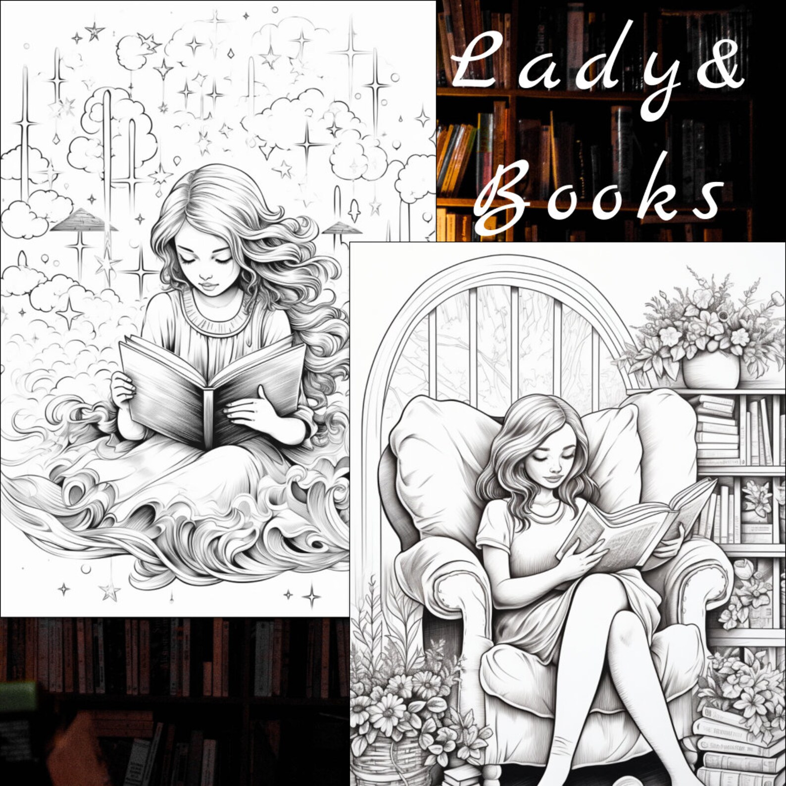 Lady and Books Coloring Book, 26 Page Illustrations (printable PDF) - Etsy