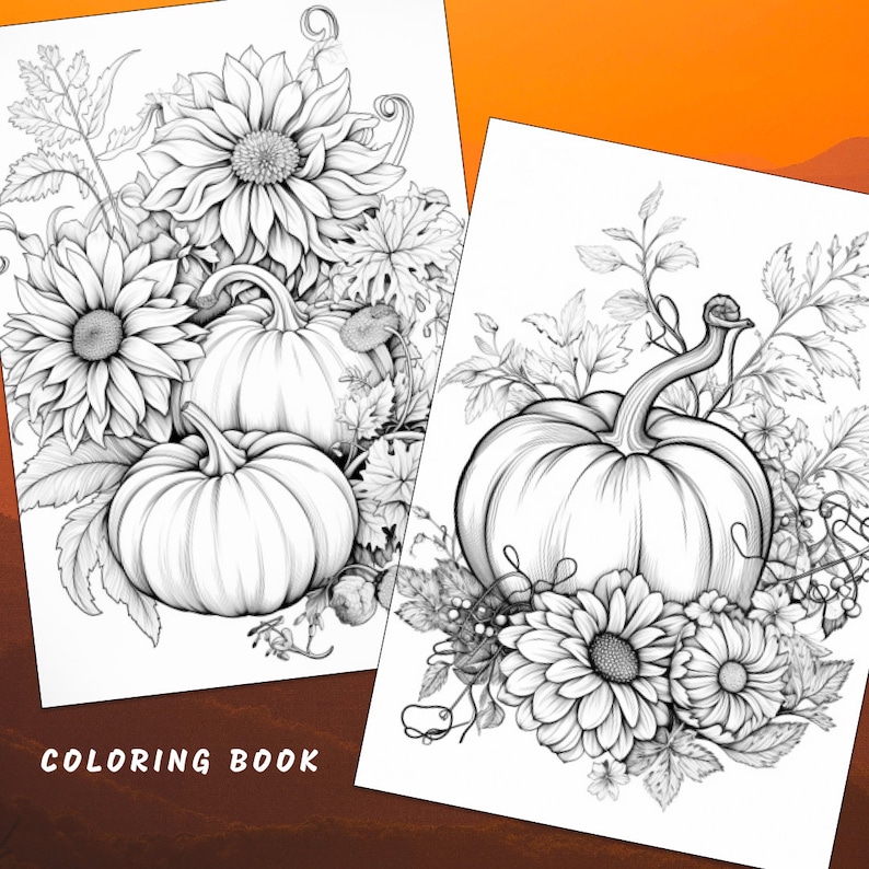 25 Floral Pumpkins Coloring Page, Autumn Coloring Book, Flower Coloring ...