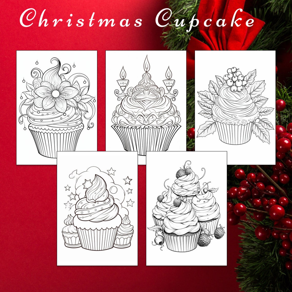 30 Christmas Cupcakes Coloring Page, Christmas Coloring,dessert ...