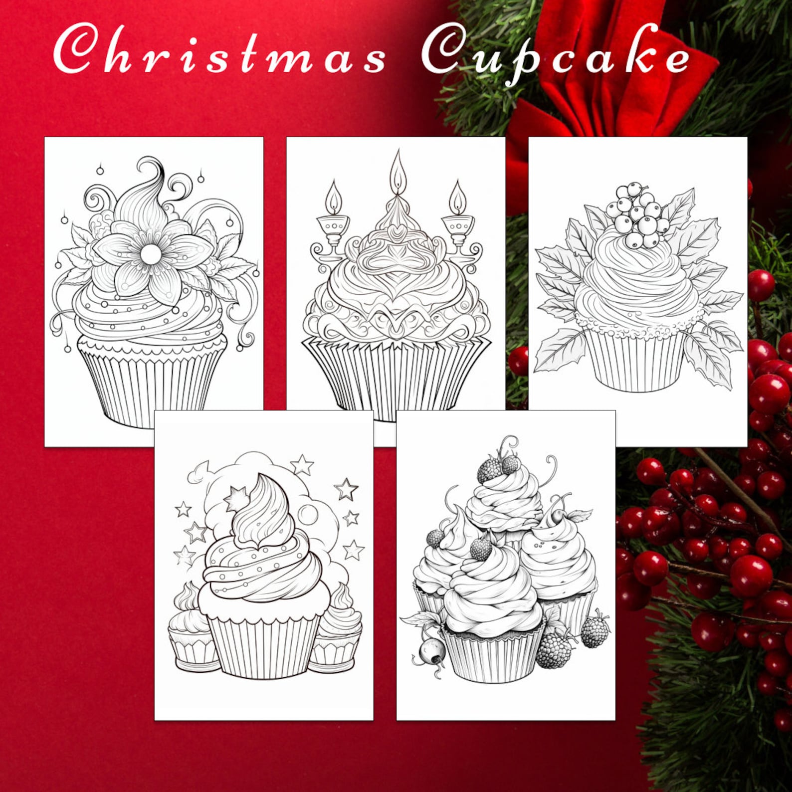 30 Christmas Cupcakes Coloring Page, Christmas Coloring,dessert ...