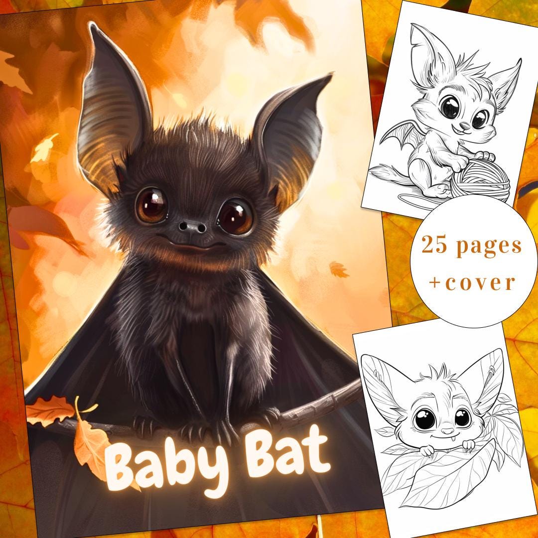 25 Cute Baby Bat Coloring Page, Cute Coloring, Adults + Kids- Instant ...