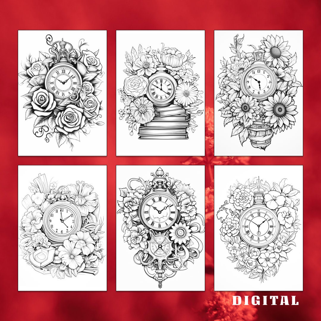 37 Blooming Clock Coloring Page, Clock Coloring, Flowers Coloring Book ...