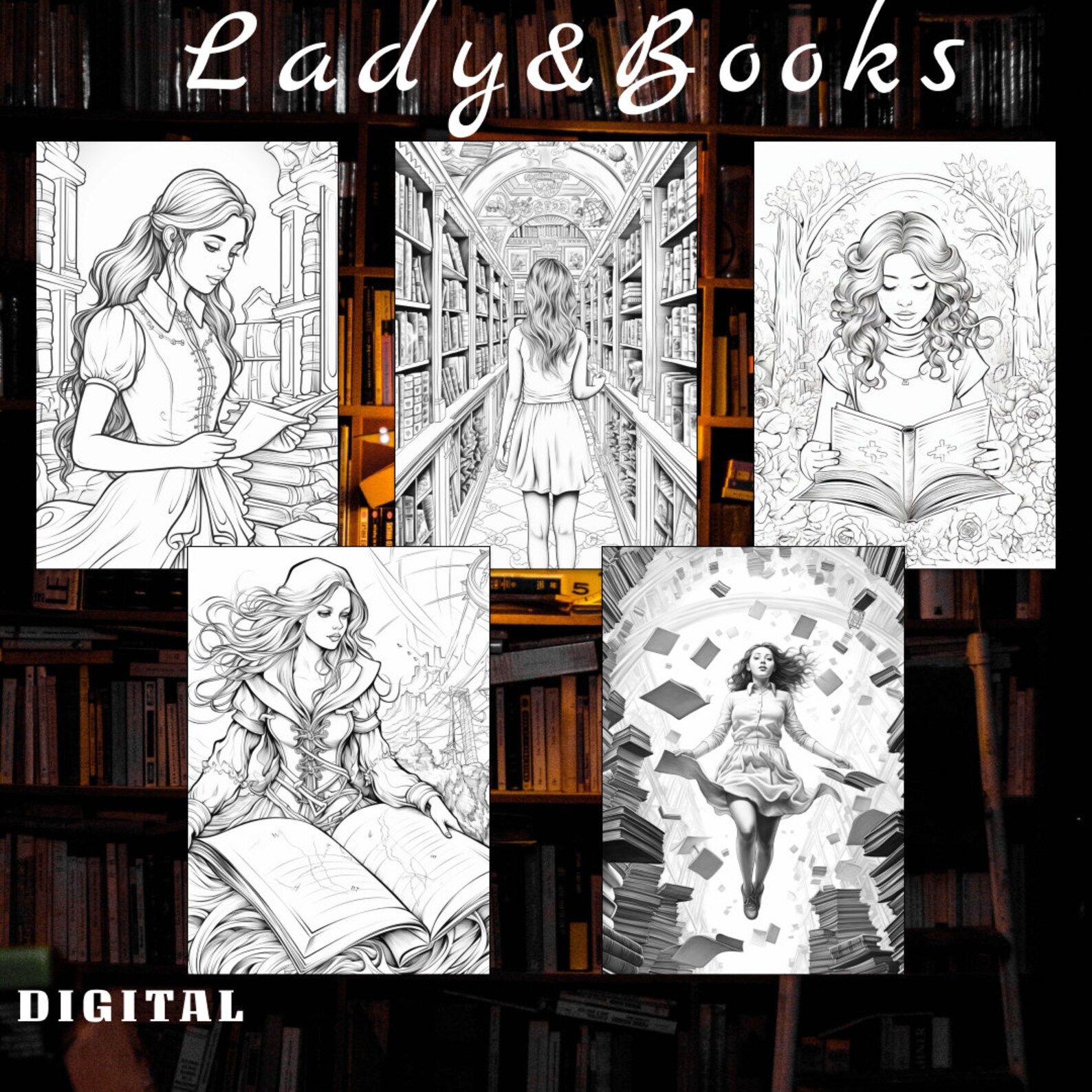 Lady and Books Coloring Book, 26 Page Illustrations (printable PDF) - Etsy