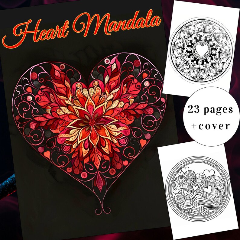 23 Mandala Coloring Page, Heart Mandala Coloring, Fantasy Coloring Book ...