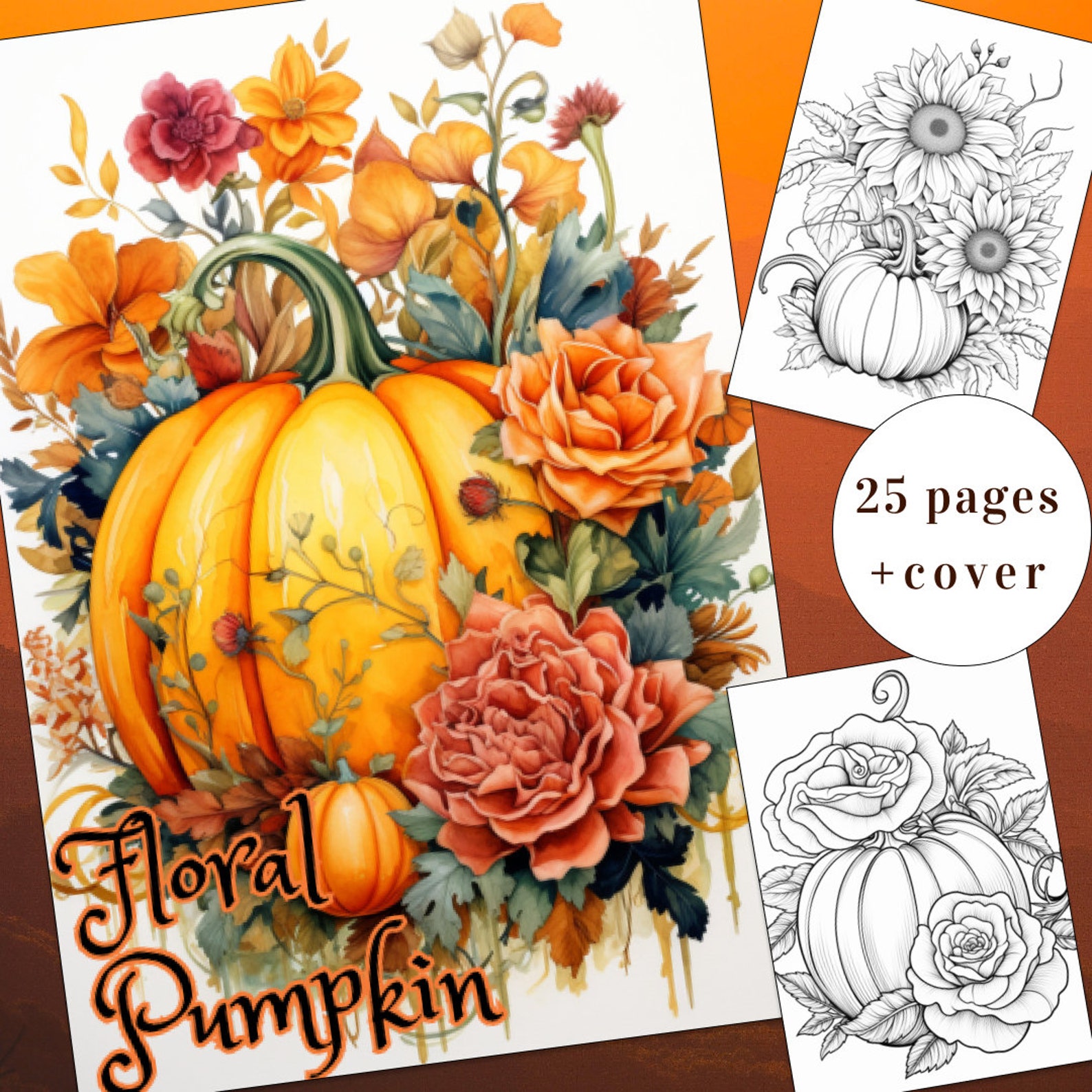 25 Floral Pumpkins Coloring Page, Autumn Coloring Book, Flower Coloring ...