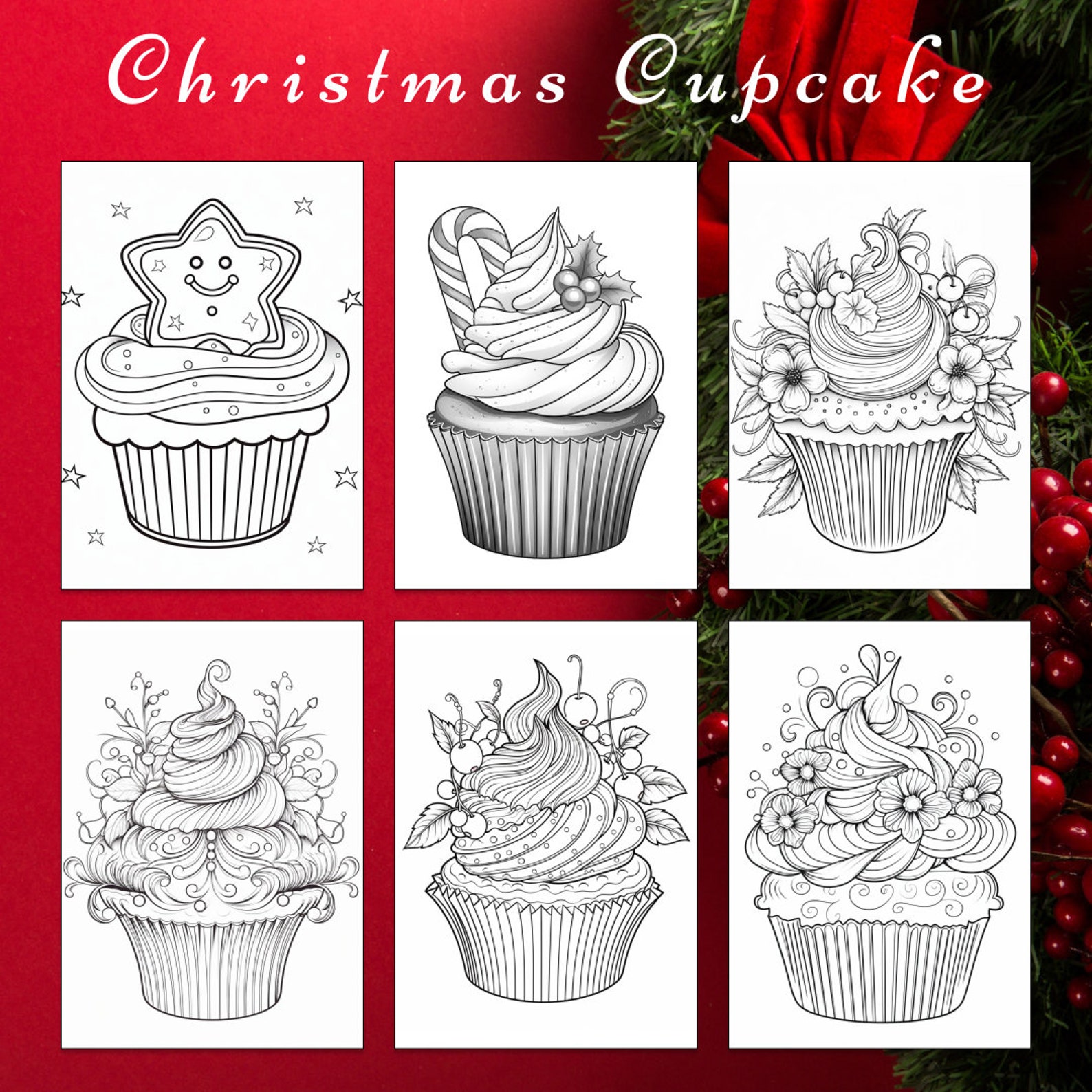 30 Christmas Cupcakes Coloring Page, Christmas Coloring,dessert ...