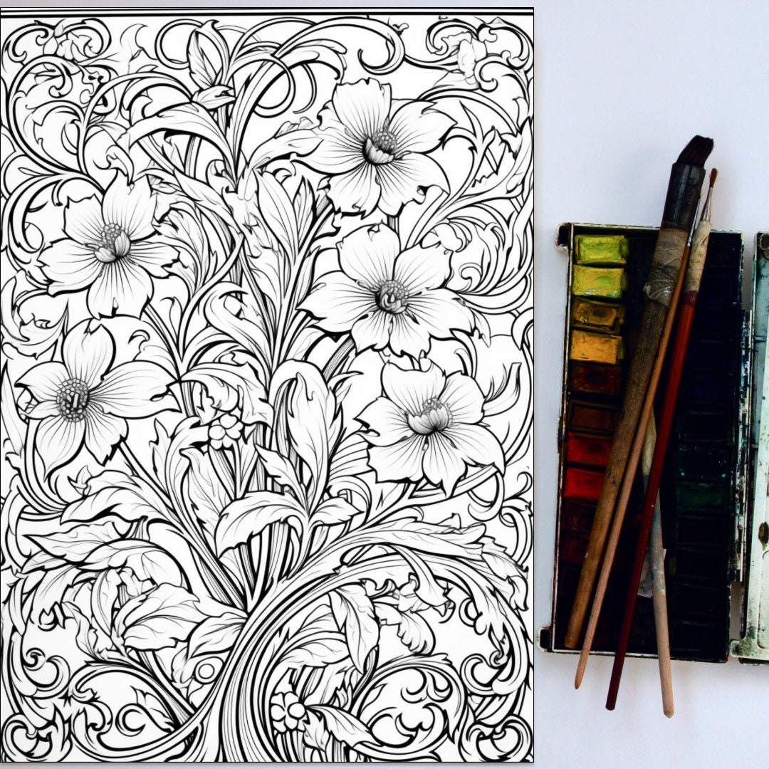 25 Blooming Antique Coloring Page, Floral Retro Coloring Book, Flowers ...