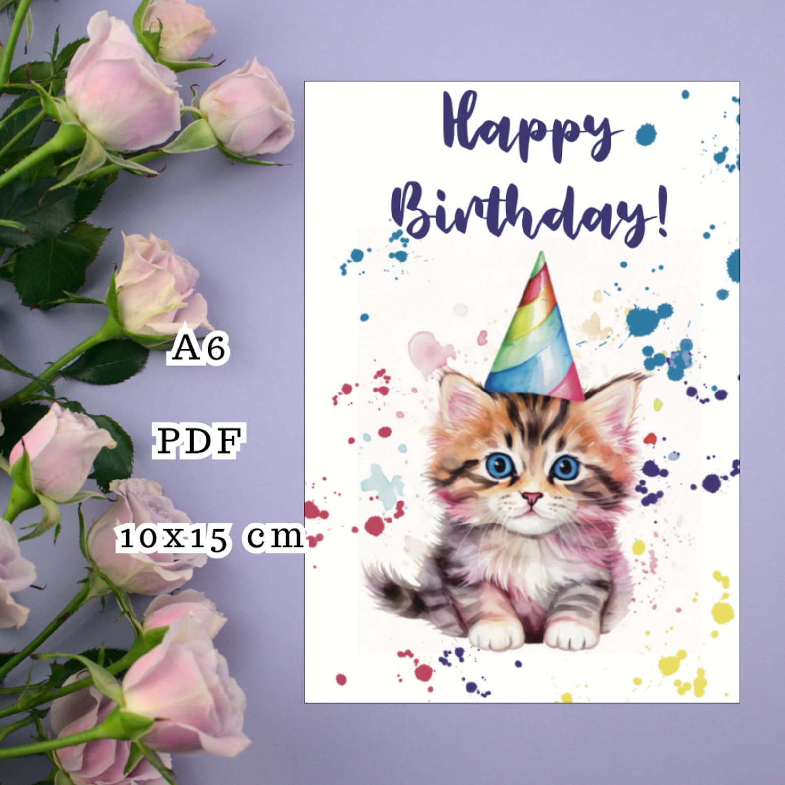Cat Birthday Card, Happy Birthday Card, Digital Birthday Card ...