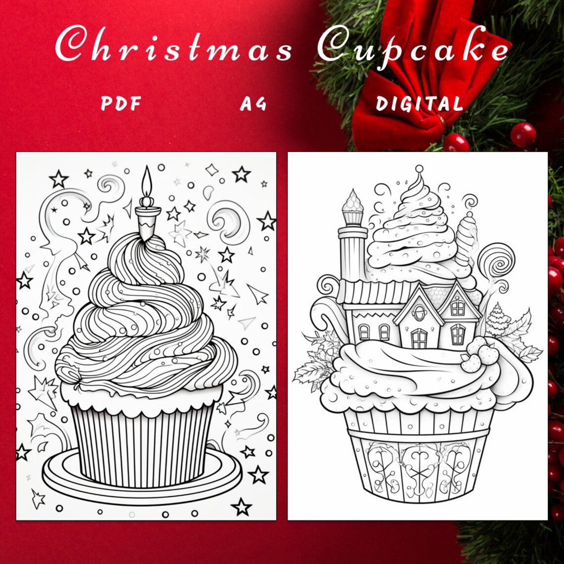 30 Christmas Cupcakes Coloring Page, Christmas Coloring,dessert ...